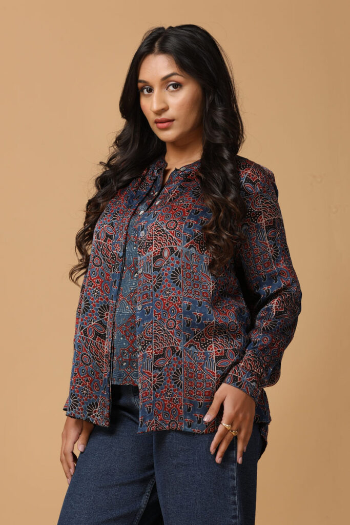 Deep Red And Indigo Ajrakh Print Collar Shirt